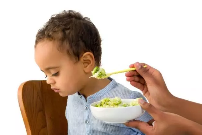 Forces children to apply a portion of food to the end