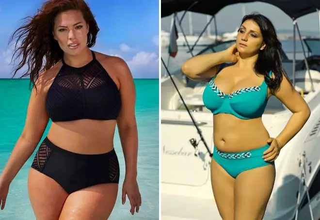 Swimsuits berasingan wanita yang bergaya - dengan pinggang yang terharu, seluar pendek dan skirt, untuk payudara kecil dan pada payudara yang besar, dengan pinggiran dan grid 19014_16