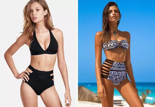 Swimsuits berasingan wanita yang bergaya - dengan pinggang yang terharu, seluar pendek dan skirt, untuk payudara kecil dan pada payudara yang besar, dengan pinggiran dan grid 19014_25