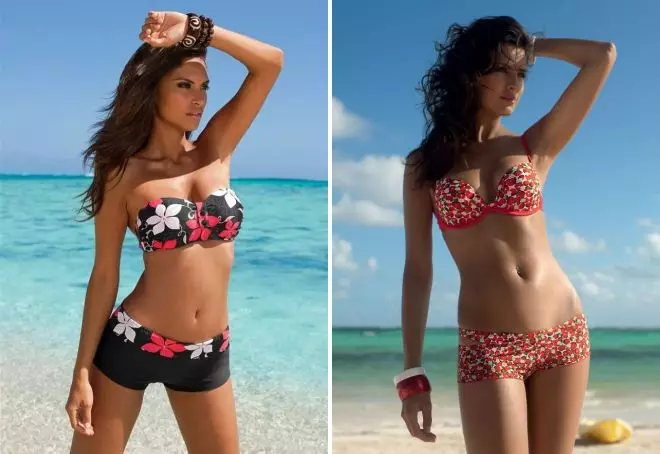 Swimsuits berasingan wanita yang bergaya - dengan pinggang yang terharu, seluar pendek dan skirt, untuk payudara kecil dan pada payudara yang besar, dengan pinggiran dan grid 19014_26