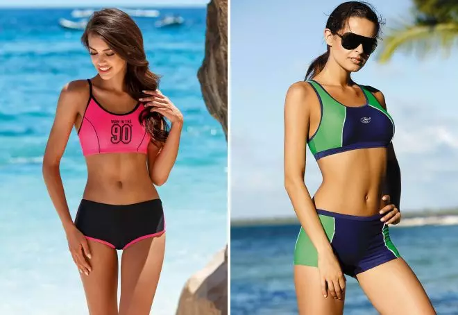 Swimsuits berasingan wanita yang bergaya - dengan pinggang yang terharu, seluar pendek dan skirt, untuk payudara kecil dan pada payudara yang besar, dengan pinggiran dan grid 19014_27