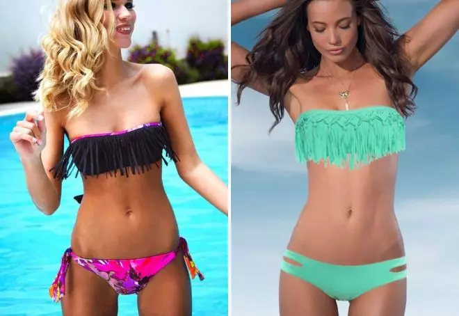 Swimsuits berasingan wanita yang bergaya - dengan pinggang yang terharu, seluar pendek dan skirt, untuk payudara kecil dan pada payudara yang besar, dengan pinggiran dan grid 19014_33