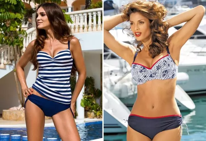 Swimsuits berasingan wanita yang bergaya - dengan pinggang yang terharu, seluar pendek dan skirt, untuk payudara kecil dan pada payudara yang besar, dengan pinggiran dan grid 19014_4