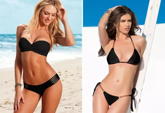 Swimsuits berasingan wanita yang bergaya - dengan pinggang yang terharu, seluar pendek dan skirt, untuk payudara kecil dan pada payudara yang besar, dengan pinggiran dan grid 19014_5