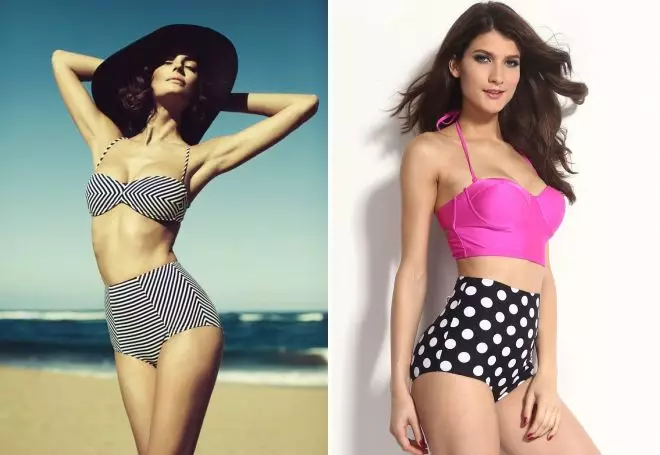 Swimsuits berasingan wanita yang bergaya - dengan pinggang yang terharu, seluar pendek dan skirt, untuk payudara kecil dan pada payudara yang besar, dengan pinggiran dan grid 19014_7