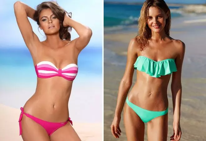 Swimsuits berasingan wanita yang bergaya - dengan pinggang yang terharu, seluar pendek dan skirt, untuk payudara kecil dan pada payudara yang besar, dengan pinggiran dan grid 19014_8