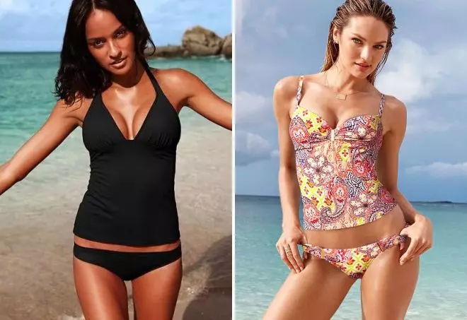 Swimsuits berasingan wanita yang bergaya - dengan pinggang yang terharu, seluar pendek dan skirt, untuk payudara kecil dan pada payudara yang besar, dengan pinggiran dan grid 19014_9