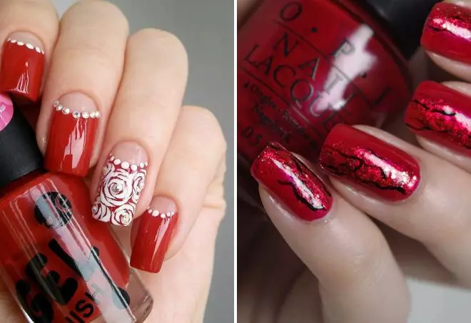 Manicure Red manisure 2017 - ya na Rhinetones na ịpụ, yana usoro na iko gbajiri agbaji, Ombre na French 19332_6