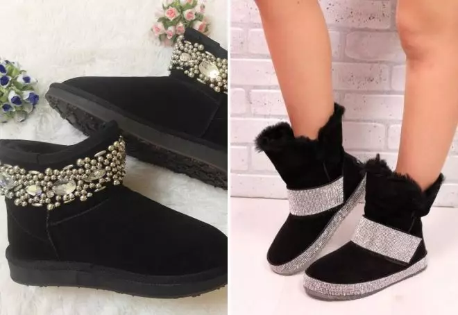 Rhinestones ilə şık uggs - daş, xəz, dəri, parlaq, mokasinlər, qara, çəhrayı, ağ, boz, nə geyinmək lazımdır? 20314_10