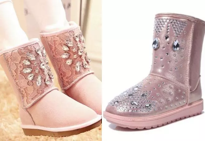 Rhinestones ilə şık uggs - daş, xəz, dəri, parlaq, mokasinlər, qara, çəhrayı, ağ, boz, nə geyinmək lazımdır? 20314_11