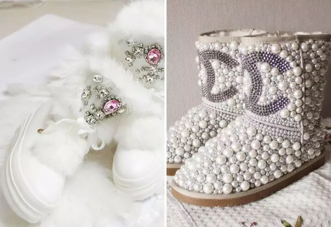 Rhinestones ilə şık uggs - daş, xəz, dəri, parlaq, mokasinlər, qara, çəhrayı, ağ, boz, nə geyinmək lazımdır? 20314_12