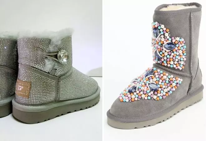 Rhinestones ilə şık uggs - daş, xəz, dəri, parlaq, mokasinlər, qara, çəhrayı, ağ, boz, nə geyinmək lazımdır? 20314_13