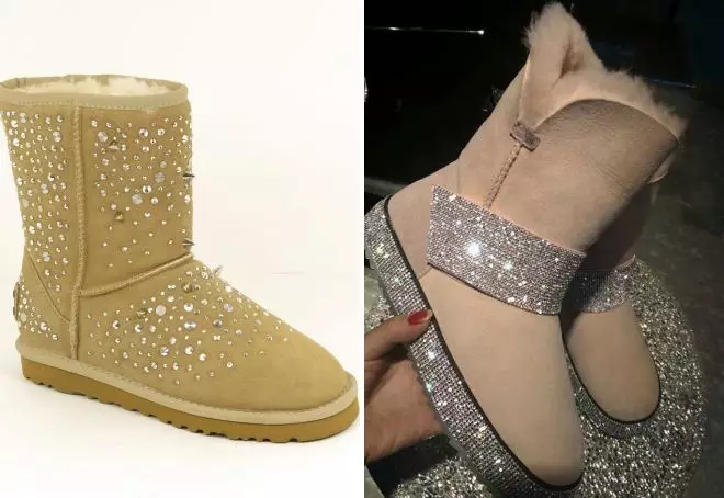 Rhinestones ilə şık uggs - daş, xəz, dəri, parlaq, mokasinlər, qara, çəhrayı, ağ, boz, nə geyinmək lazımdır? 20314_15