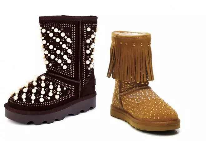 Rhinestones ilə şık uggs - daş, xəz, dəri, parlaq, mokasinlər, qara, çəhrayı, ağ, boz, nə geyinmək lazımdır? 20314_2