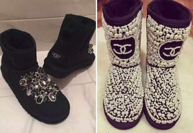 Rhinestones ilə şık uggs - daş, xəz, dəri, parlaq, mokasinlər, qara, çəhrayı, ağ, boz, nə geyinmək lazımdır? 20314_3