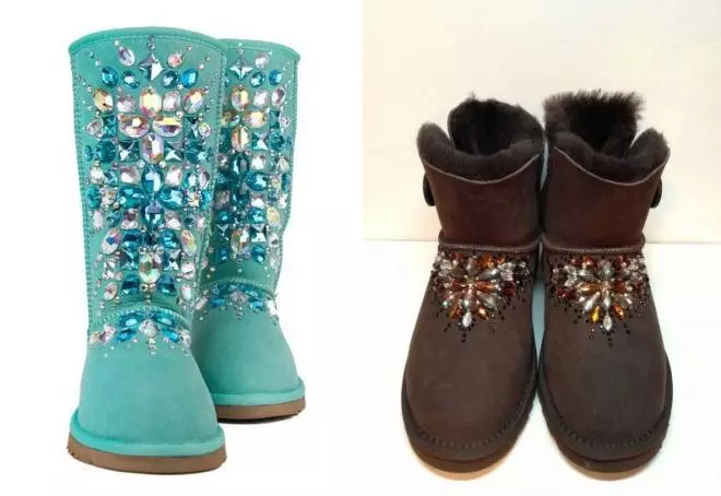 Rhinestones ilə şık uggs - daş, xəz, dəri, parlaq, mokasinlər, qara, çəhrayı, ağ, boz, nə geyinmək lazımdır? 20314_4