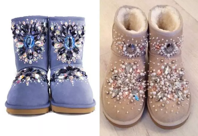 Rhinestones ilə şık uggs - daş, xəz, dəri, parlaq, mokasinlər, qara, çəhrayı, ağ, boz, nə geyinmək lazımdır? 20314_5