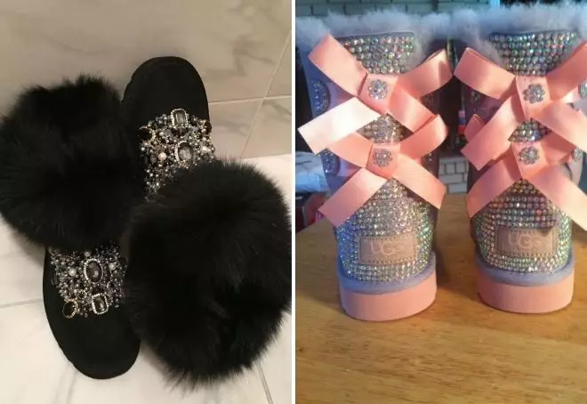 Rhinestones ilə şık uggs - daş, xəz, dəri, parlaq, mokasinlər, qara, çəhrayı, ağ, boz, nə geyinmək lazımdır? 20314_6