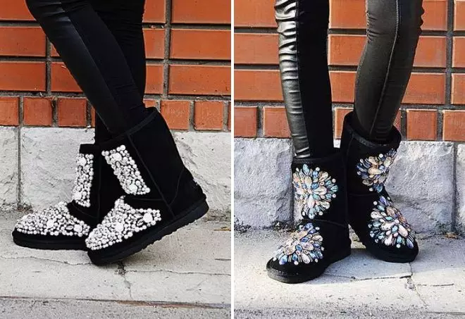 Rhinestones ilə şık uggs - daş, xəz, dəri, parlaq, mokasinlər, qara, çəhrayı, ağ, boz, nə geyinmək lazımdır? 20314_7