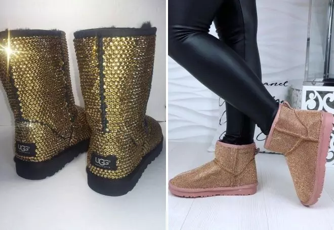 Rhinestones ilə şık uggs - daş, xəz, dəri, parlaq, mokasinlər, qara, çəhrayı, ağ, boz, nə geyinmək lazımdır? 20314_8