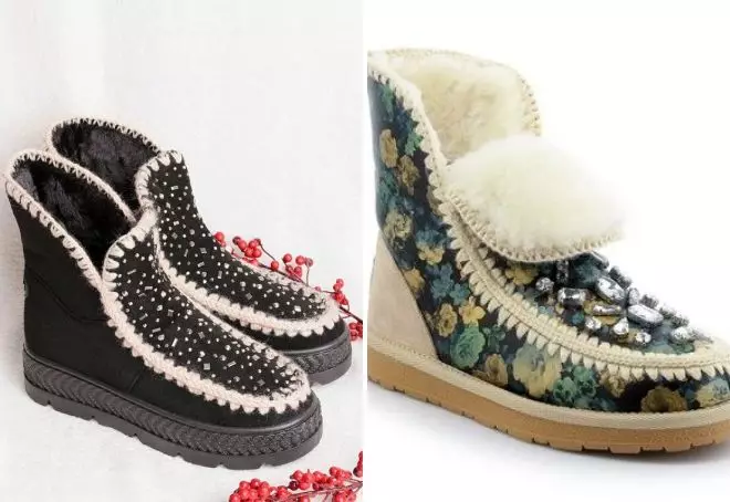 Rhinestones ilə şık uggs - daş, xəz, dəri, parlaq, mokasinlər, qara, çəhrayı, ağ, boz, nə geyinmək lazımdır? 20314_9