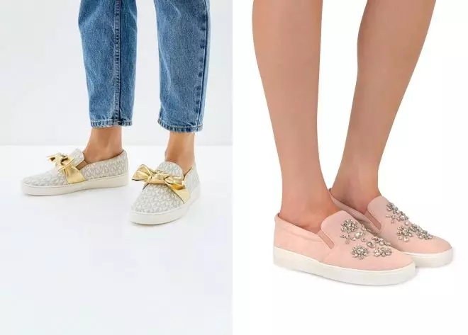 Slipons - hvað er það, hvað eru: leður, denim, blúndur, prjónað, með skinn, rhinestones, á skóm, vans, ECCO, KEEDDO, ADIDAS, Gucci, Michael Cors 21172_16