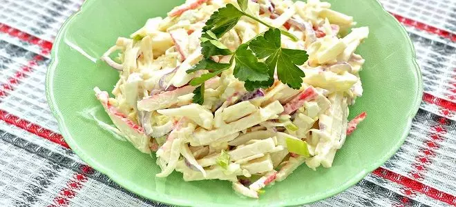 Yengeç yemek çubukları ve peynirli salata - mısır, jambon, elma ve domates ile tarifler 27432_4