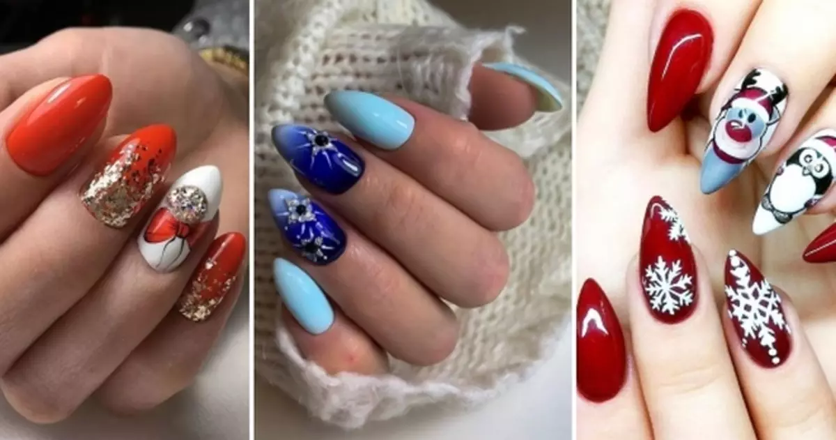 Nails Afọ Ọhụrụ 2020 - amamiihe, matte dị mkpụmkpụ, ogologo, rhinestones, usoro, akwụkwọ mmado, ụmụ oke