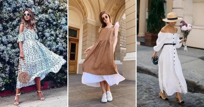 Գեղեցիկ sundresses - կարճ, MIDI, երկար, գոտկատեղով, բաց ուսերով, տպում, հղի կանանց համար, լի