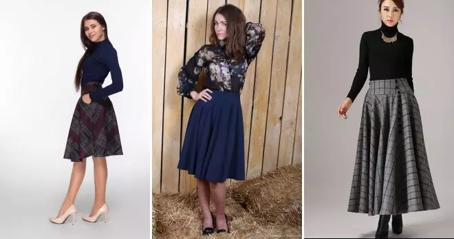 Skirt-sun galaretki - długie, krótkie, midi, skóra, podwójna, na elastycznym zespole, denim, kropki, z fałdami, wełną, z tym, co nosić 3822_25