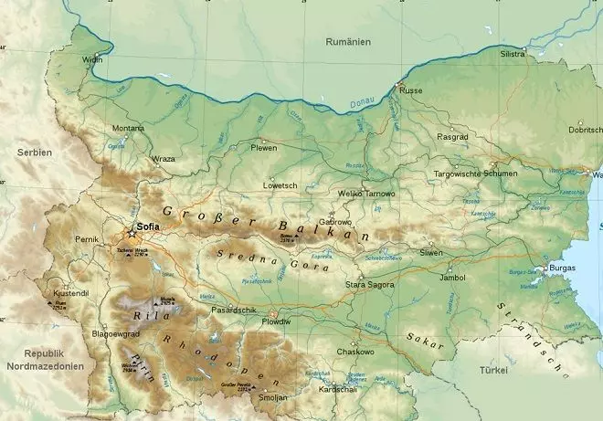 Montanhas no mapa da Bulgária