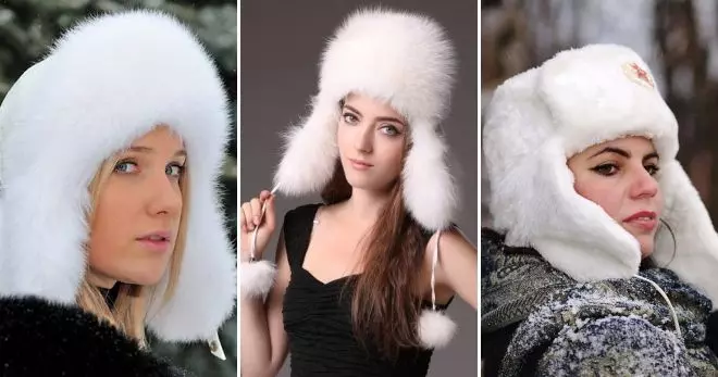 Skaista sieviešu balta cepure - Ushanka, kažokādas, liels spogulis, ar pompon, ausīm, bizītes, beztaras, ķivere, sports, bini 3970_5