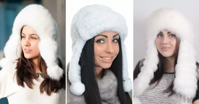 Skaista sieviešu balta cepure - Ushanka, kažokādas, liels spogulis, ar pompon, ausīm, bizītes, beztaras, ķivere, sports, bini 3970_6