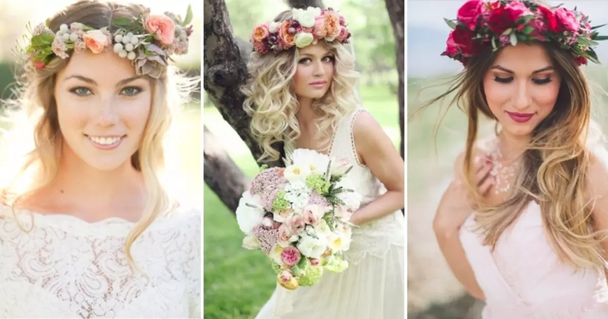 Guirnalda de la boda en la cabeza - Imagen de la boda con una corona de flores, bayas, cintas, con plumas