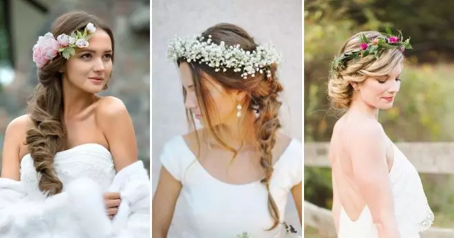 Hochzeitskranz auf dem Kopf - Hochzeitsbild mit einem Kranz von Blumen, Beeren, Bändern, mit Federn 4098_2