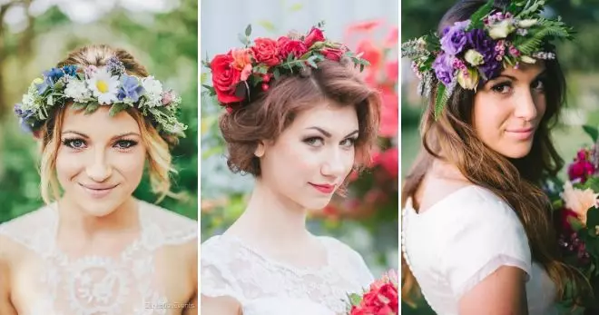 Hochzeitskranz auf dem Kopf - Hochzeitsbild mit einem Kranz von Blumen, Beeren, Bändern, mit Federn 4098_3