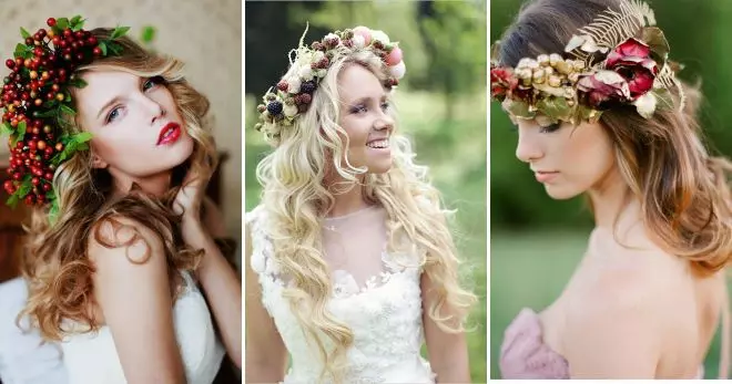 Hochzeitskranz auf dem Kopf - Hochzeitsbild mit einem Kranz von Blumen, Beeren, Bändern, mit Federn 4098_5