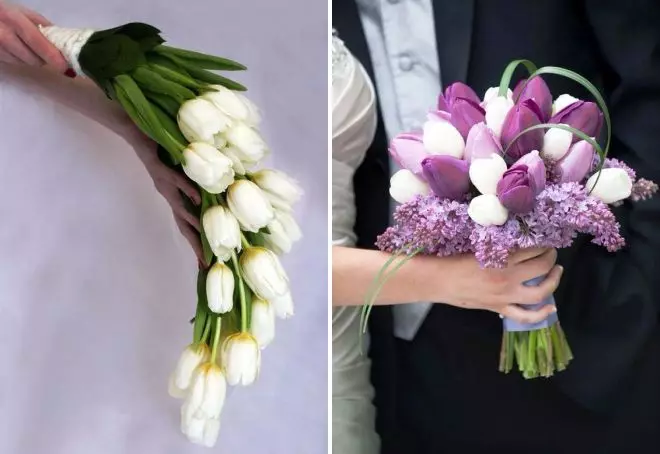 Bouquet aroos qurux badan oo ah tulips iyo irbado, ubaxyo, peonies, freesia 4099_12