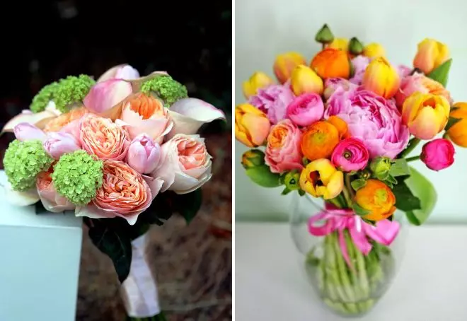 Bouquet aroos qurux badan oo ah tulips iyo irbado, ubaxyo, peonies, freesia 4099_13