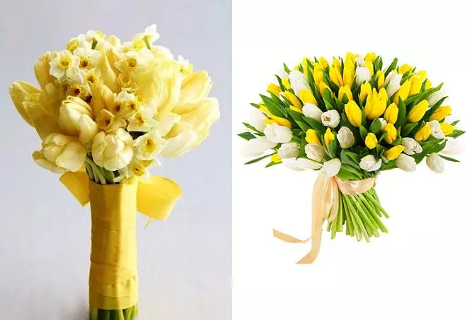 Bouquet aroos qurux badan oo ah tulips iyo irbado, ubaxyo, peonies, freesia 4099_9