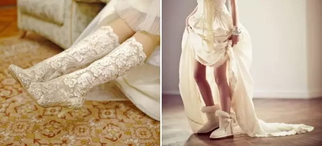 Invierno, encaje, botas de boda blancas para la novia.