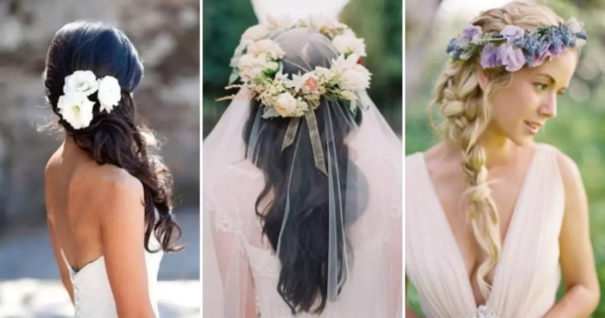 Hairstyles tieġ moda bil-fjuri - twil, medju u xagħar qasir, bil-velu u mingħajr