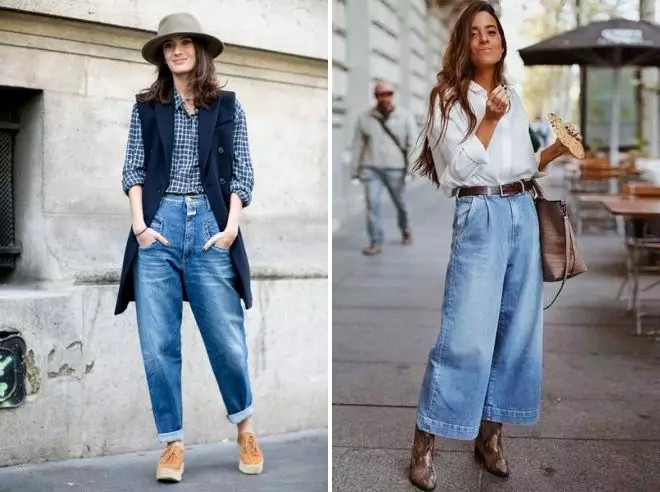 Geniş jeans nə geyinmək - üst, bluza, vacib, donas və heels ilə şəkillər 4136_21