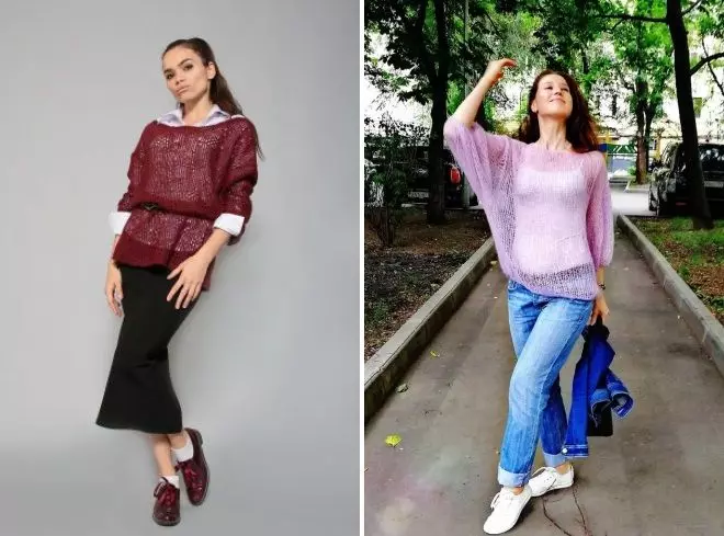 Apa yang perlu memakai sweater - Oversiz, dengan bahu terbuka, pakaian, panjang, pendek, mengawan besar, kerja terbuka, berjalur, dengan tekak 4150_14