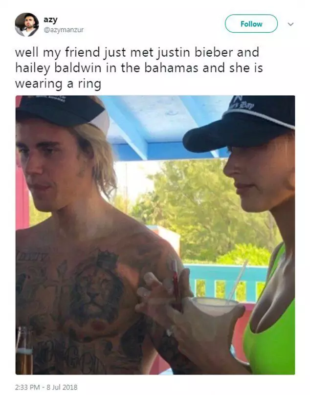 Si Justin Bieber ug Haley Baldwin nga adunay singsing sa pag-apil