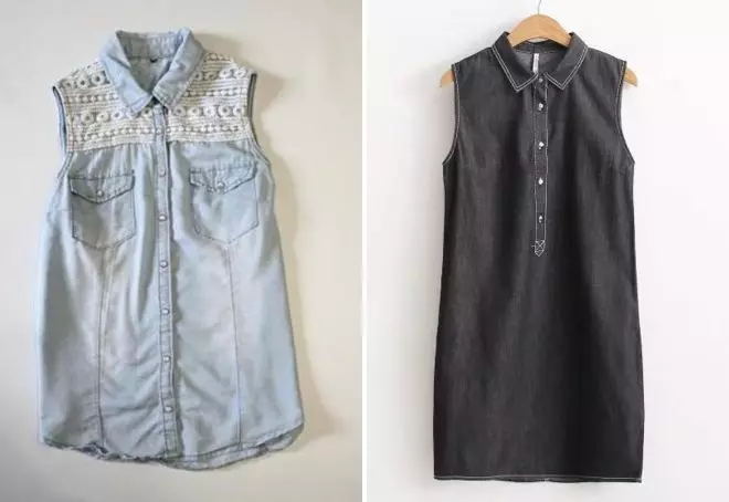 Fashionable women's denim shirts - mahaba, maikling sleeves at walang, may palda, shorts, maong, sa mga dresses 49226_9