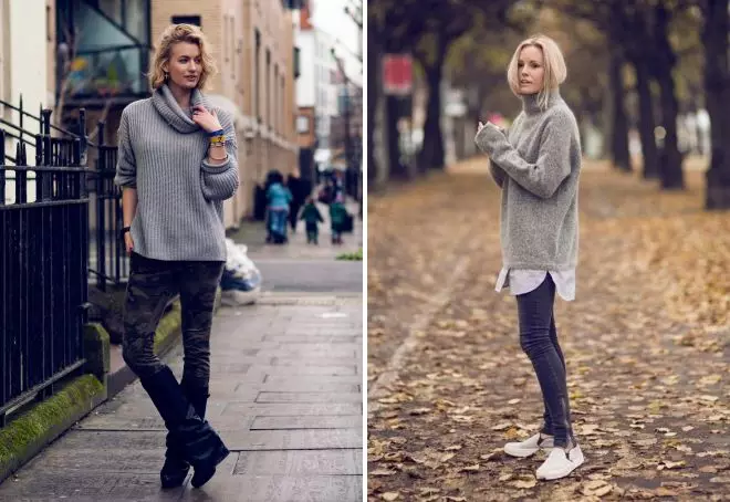 Kaj je nositi Overs Sweater - iz debele preje, pletene, kratke, sive, bele, z dvorano, pulover oblačenja 50761_8