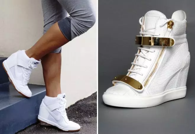 Modische weiße weibliche Turnschuhe - Converse und Lacoste, Adidas und Nike, hoch und niedrig, auf der Plattform und einem Keil 66289_12