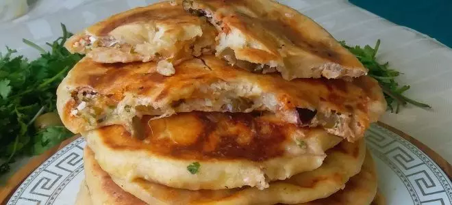 Yeşiller, tavuk göğsü, jambon, süzme peynir, sosis ve patates ile bir tavada peynirli peletler 6773_10